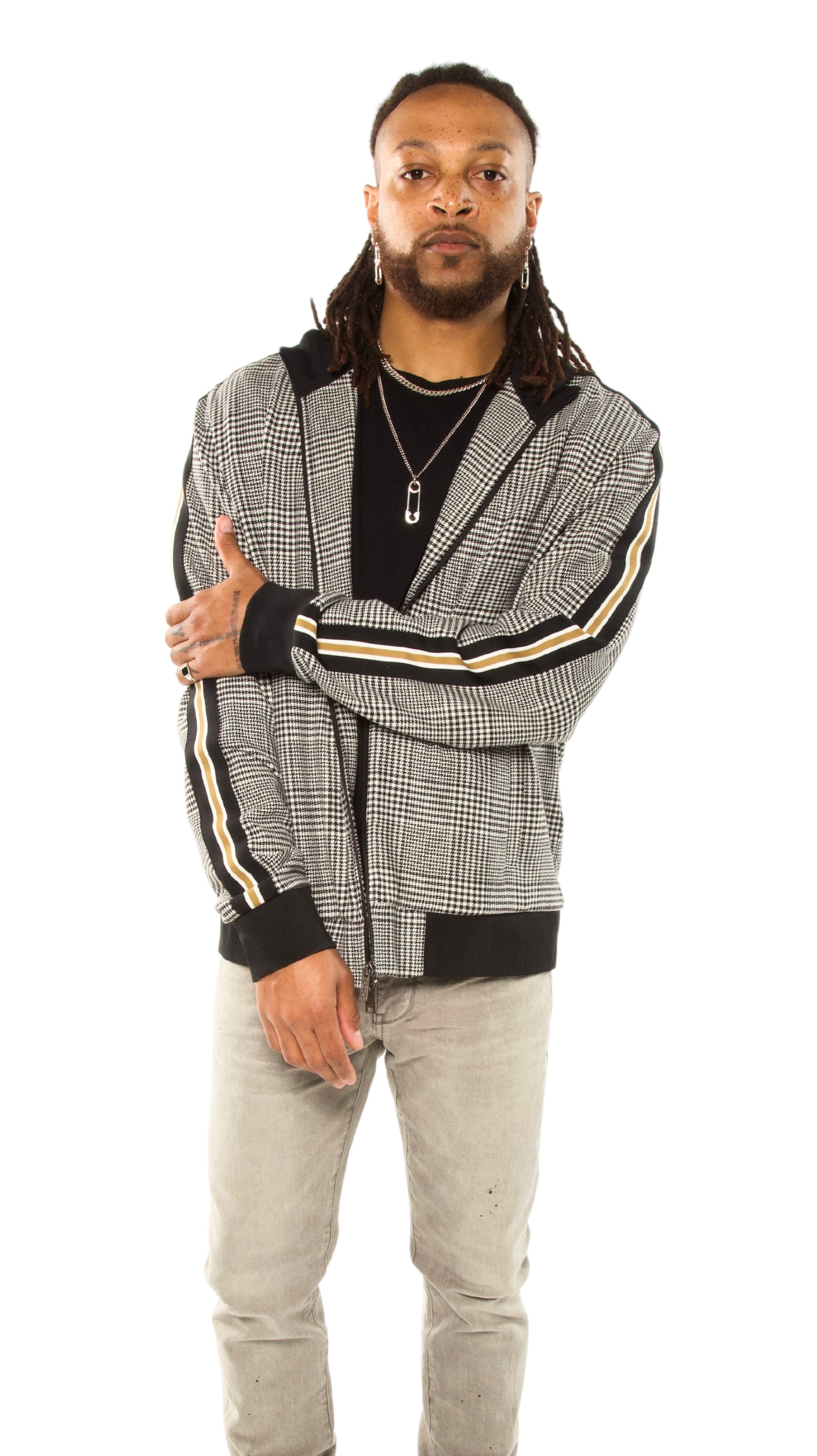Houndstooth Track Jacket with Side Tape Detail | Black Multi Jacket ...