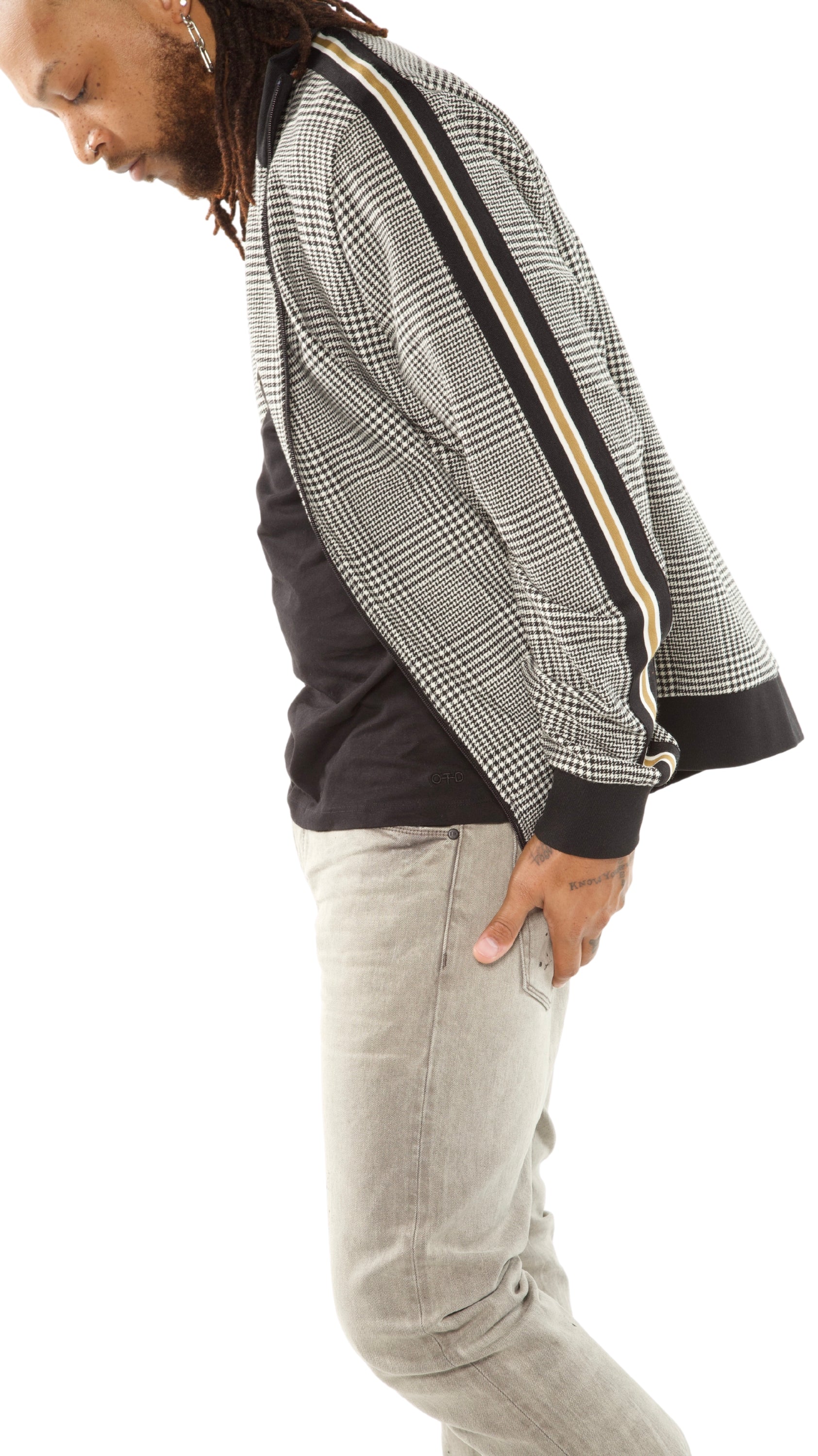 Houndstooth Track Jacket with Side Tape Detail | Black Multi Jacket ...